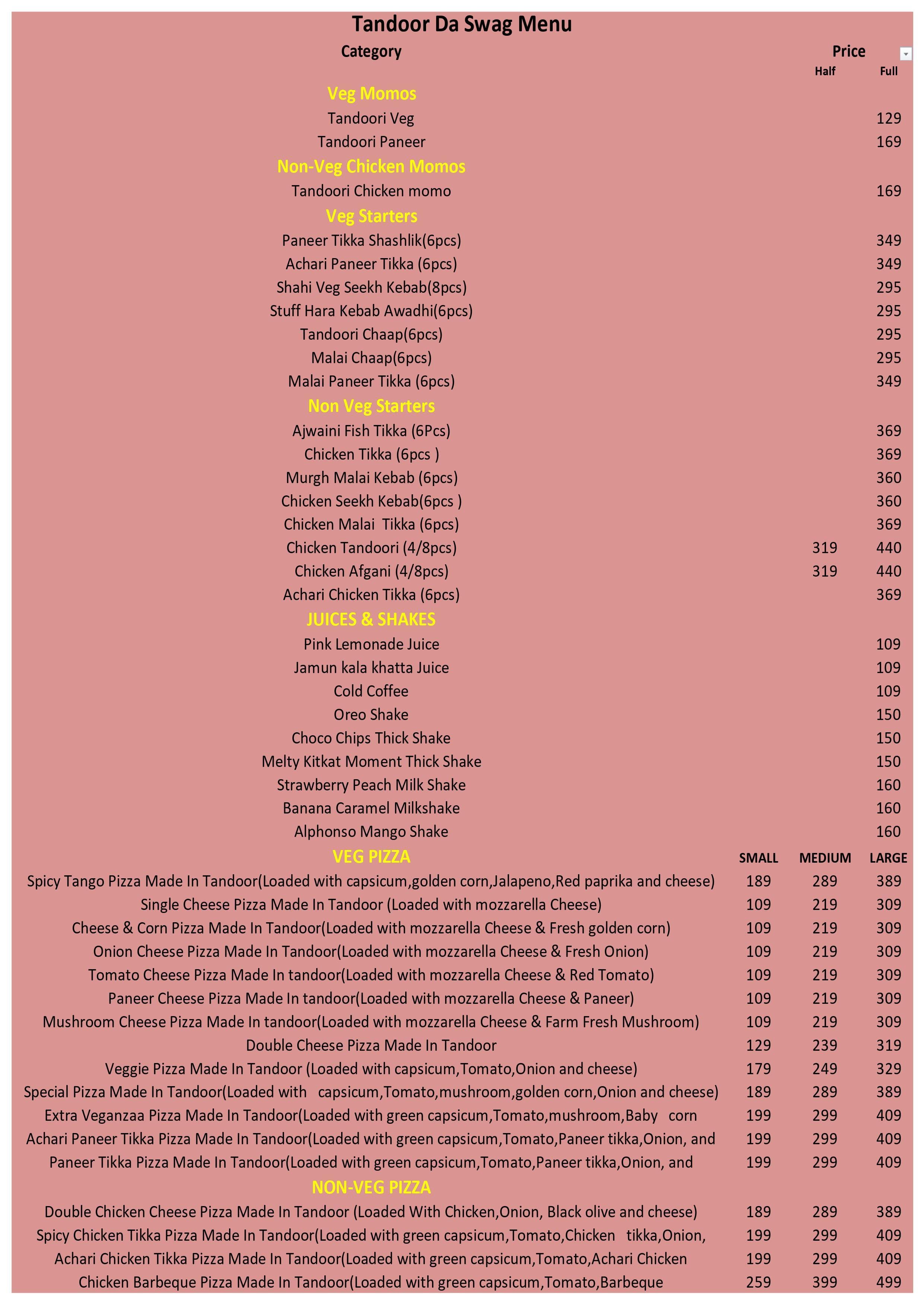 Menu of Tandoor Da Swag, Sigma 2, Greater Noida