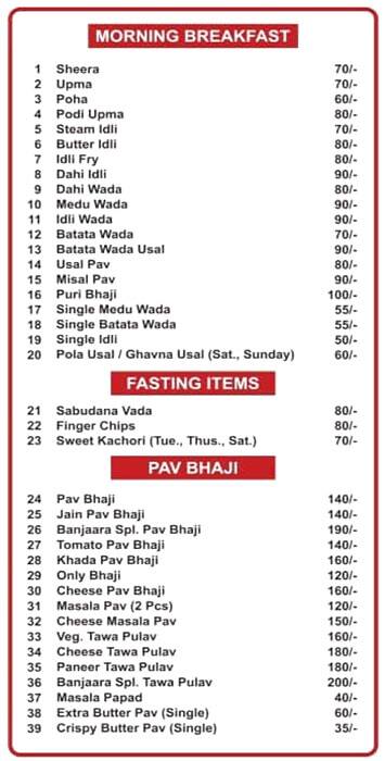 Menu of Banjaara Fast Food, Prabhadevi, Mumbai