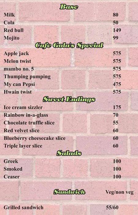Menu at Cafe Gola, New Delhi