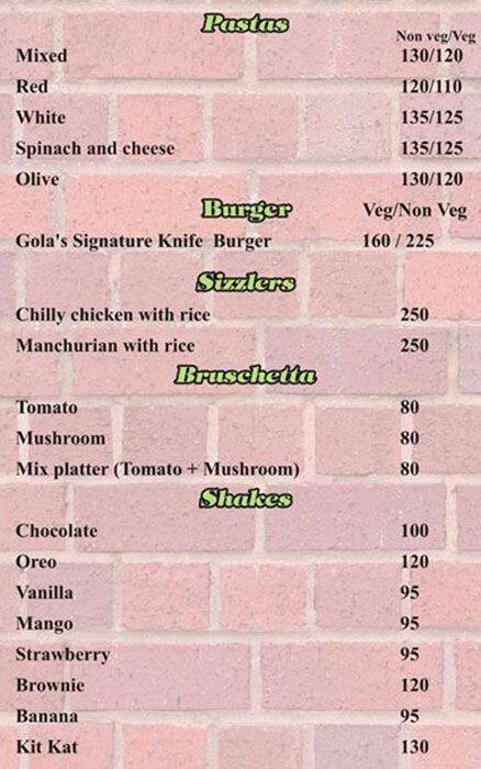 Menu at Cafe Gola, New Delhi