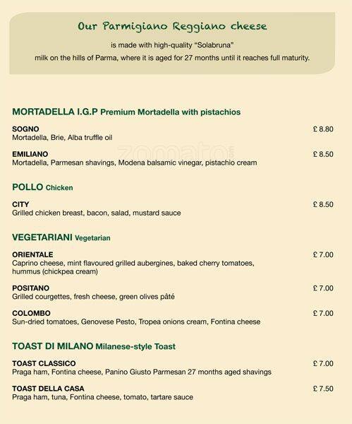 Menu at Panino Giusto restaurant, London