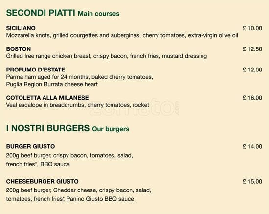 Menu at Panino Giusto restaurant, London