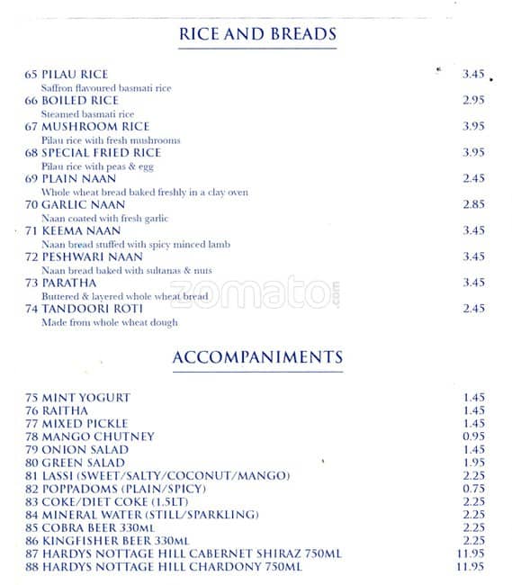 Menu at Rajah Rowing Team restaurant, London, 74 Lower Richmond Road
