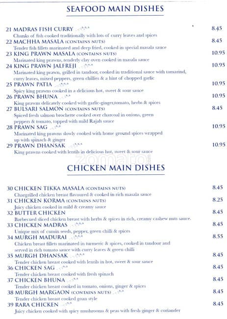 Menu at Rajah Rowing Team restaurant, London, 74 Lower Richmond Road