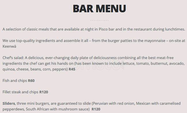 Menu at Pisco pub & bar, Cape Town