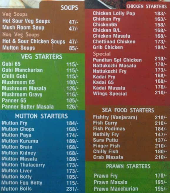 Menu of Hotel Pandian, Ambattur, Chennai