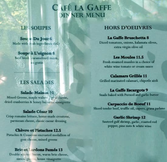 Menu at Cafe La Gaffe, Toronto