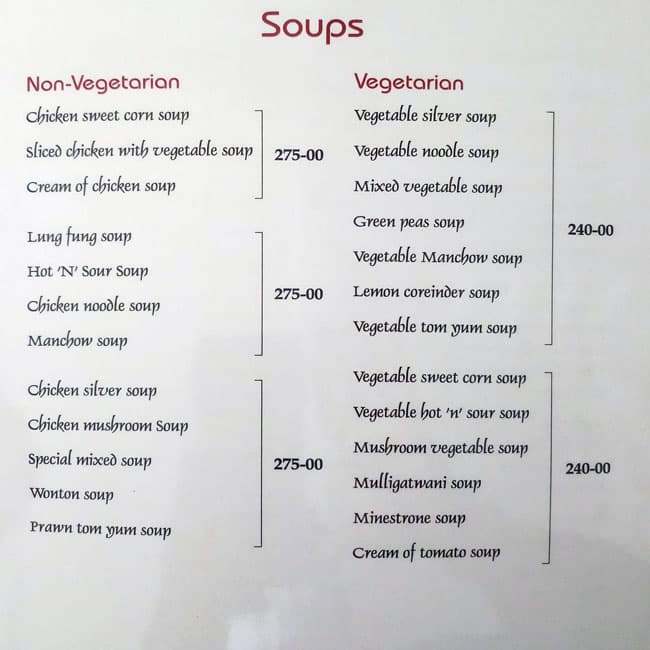 Menu of Palace Heights, Abids, Hyderabad