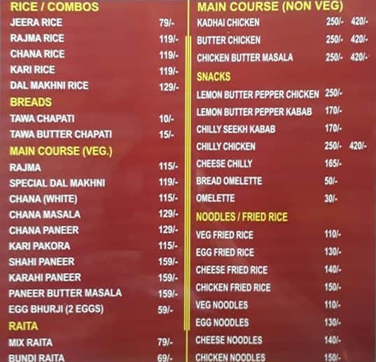 Menu at Eating Point, Panchkula