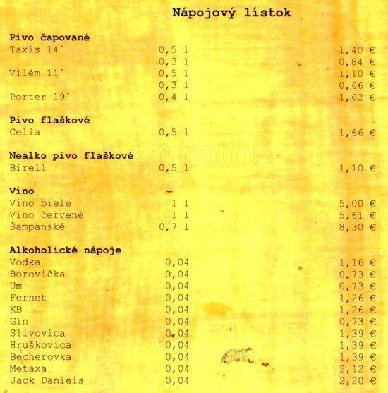 Menu at Bunker Burger restaurant, Bratislava