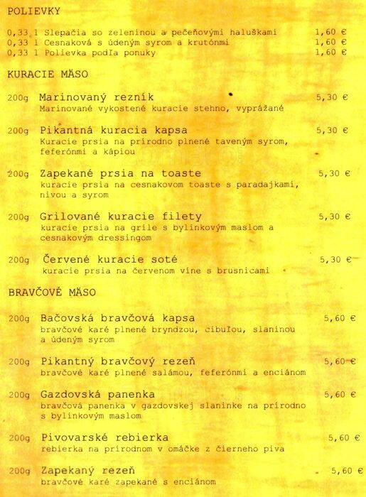 Menu at Bunker Burger restaurant, Bratislava