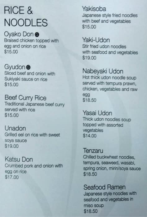 Menu at Chiba Japanese restaurant, Moonee Ponds, 41 Hall St