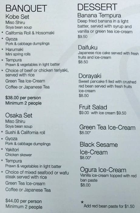 Menu at Chiba Japanese restaurant, Moonee Ponds, 41 Hall St