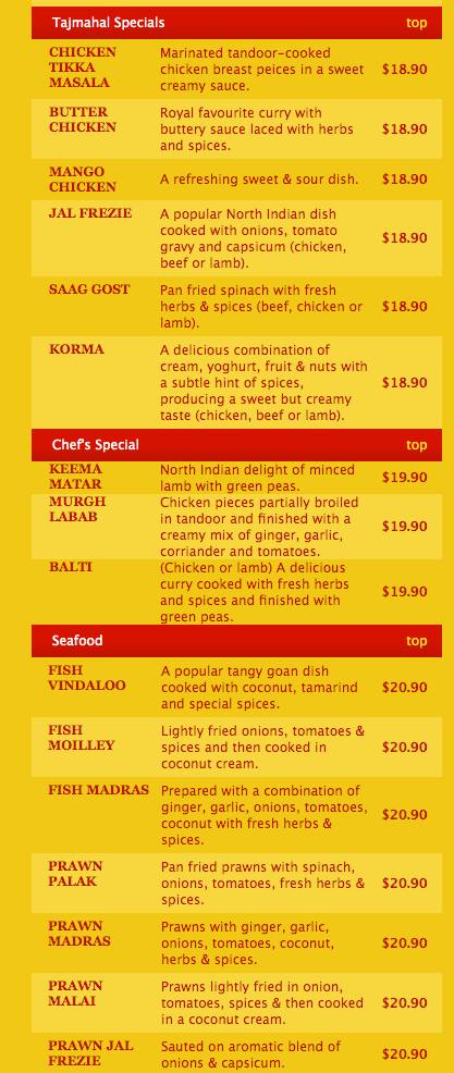 Menu at Taj Mahal Indian Cuisine restaurant, New Farm