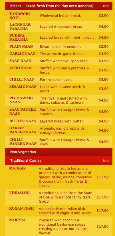 Menu at Taj Mahal Indian Cuisine restaurant, New Farm