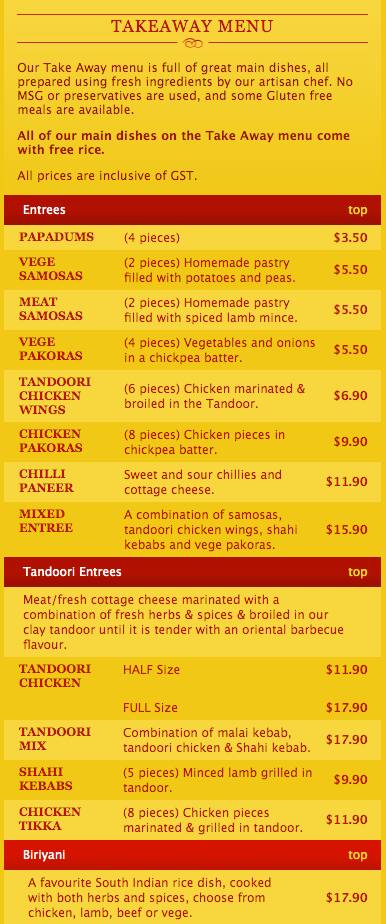 Menu at Taj Mahal Indian Cuisine restaurant, New Farm