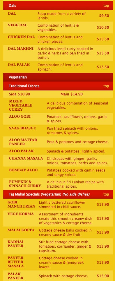 Menu at Taj Mahal Indian Cuisine restaurant, New Farm