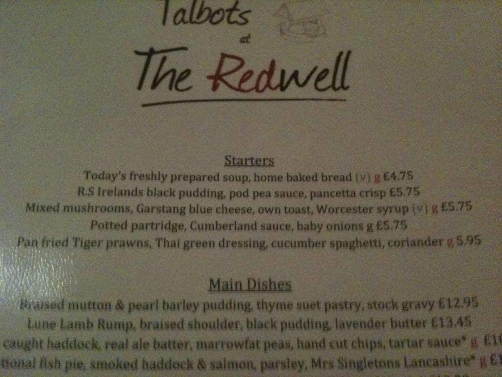Carta del pub y bar Redwell Inn, Over Kellet, Kirkby Lonsdale Rd