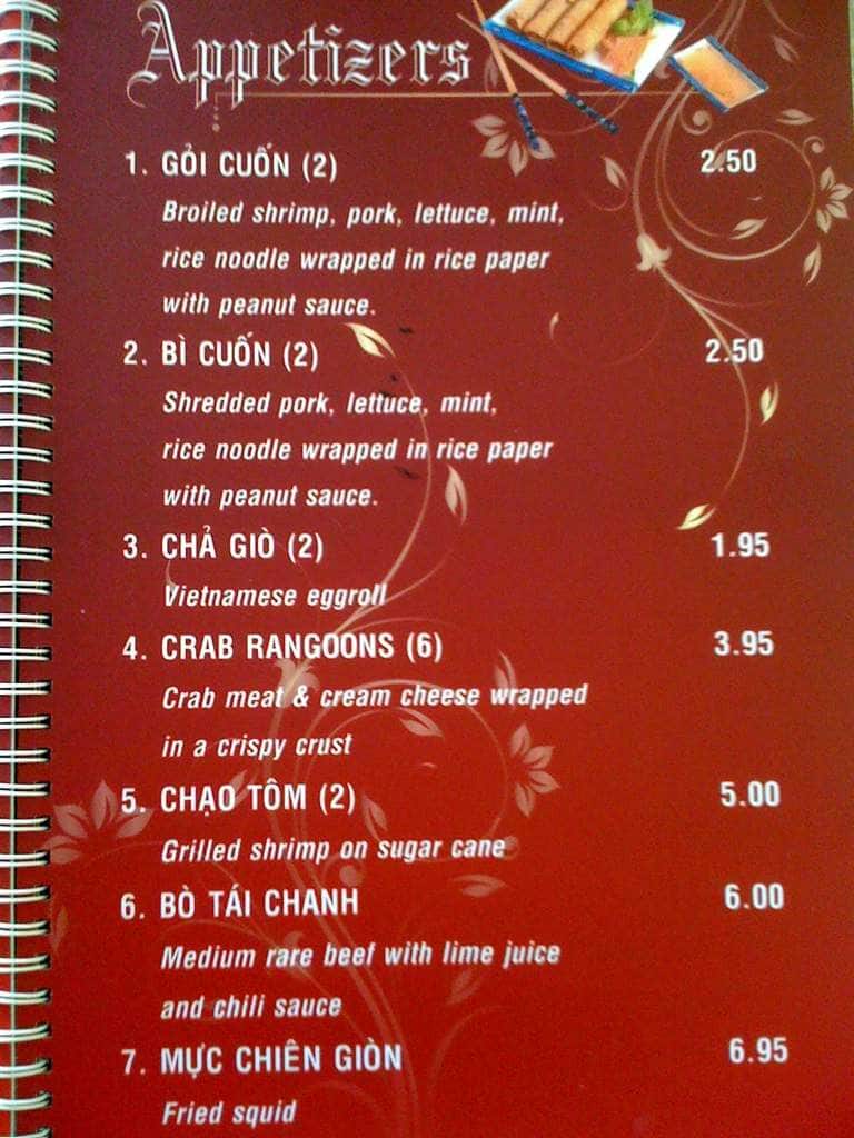 Menu at TNT Vietnamese restaurant, Des Moines