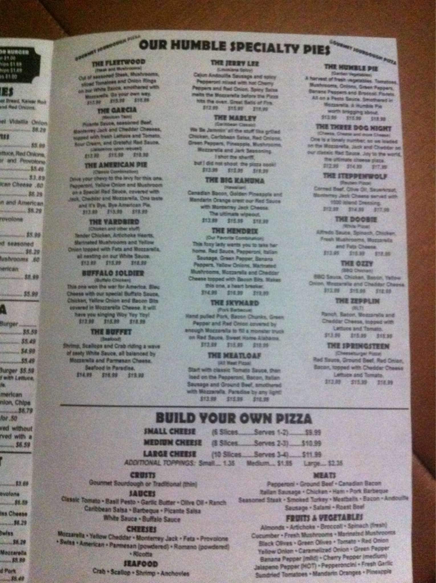 Menu at Humble Pie Pizza pizzeria, Salem
