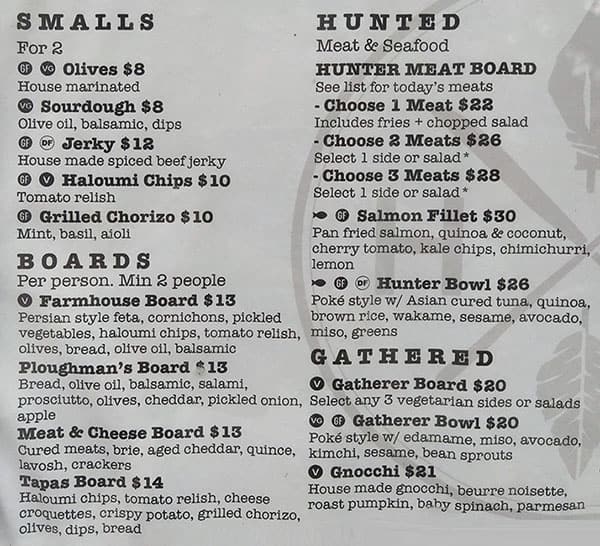 Menu at Hunter Gatherer pub & bar, North Sydney