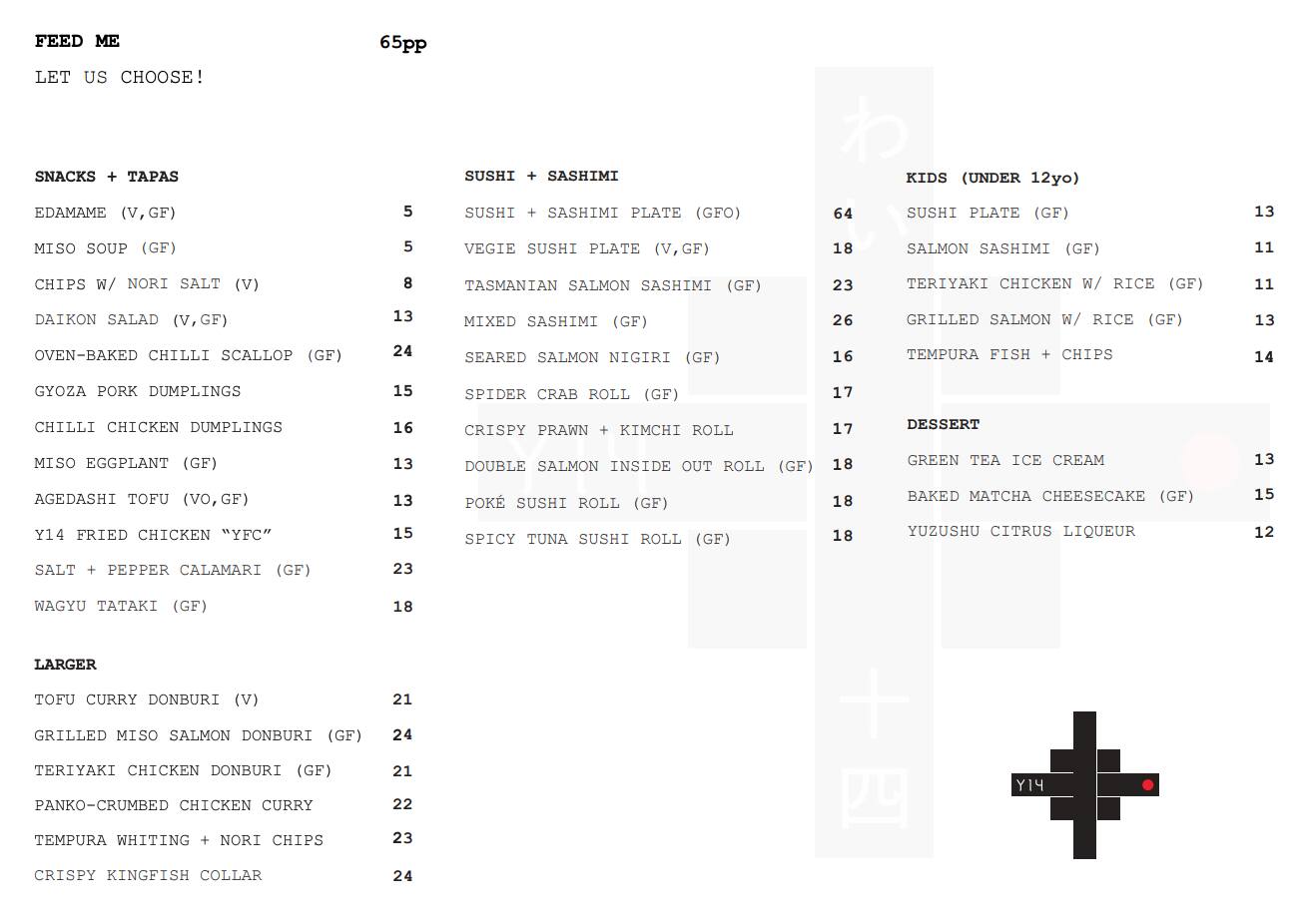 Menu at Y14 Japanese Seafood Kitchen & Bar, Sandringham