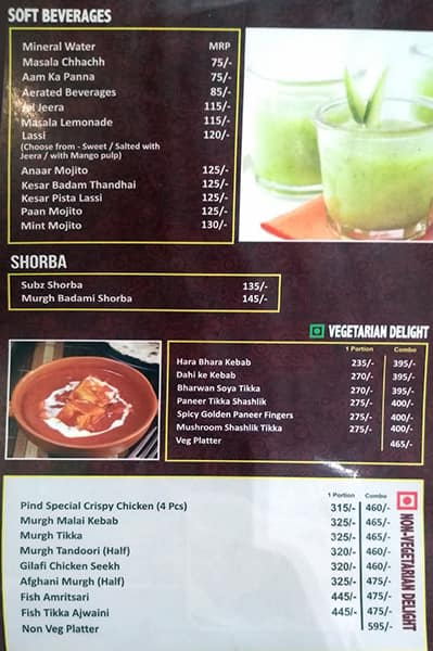 Menu of Pind Balluchi, Prince Anwar Shah Road, Kolkata