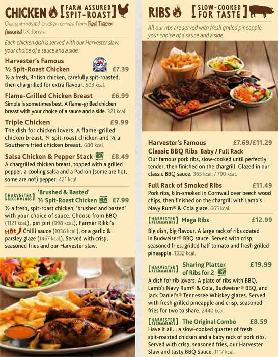 Menu at Harvester Garston restaurant, Watford, St Albans Rd