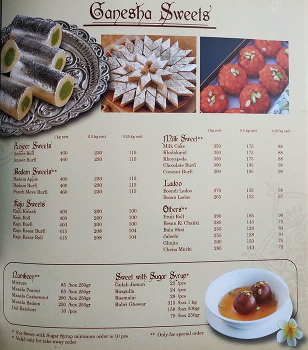 Menu at Ganesha Ek Sanskriti restaurant, South Jakarta, Gedung Menara Karya