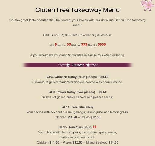 Menu at Thai Classic restaurant, Hamilton