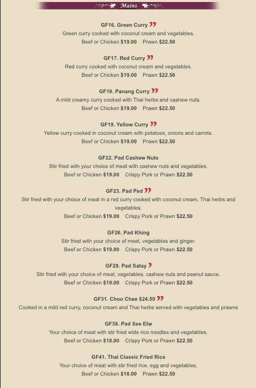 Menu at Thai Classic restaurant, Hamilton