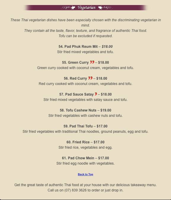 Menu at Thai Classic restaurant, Hamilton