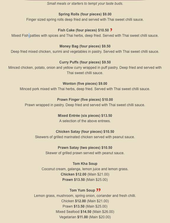 Menu at Thai Classic restaurant, Hamilton