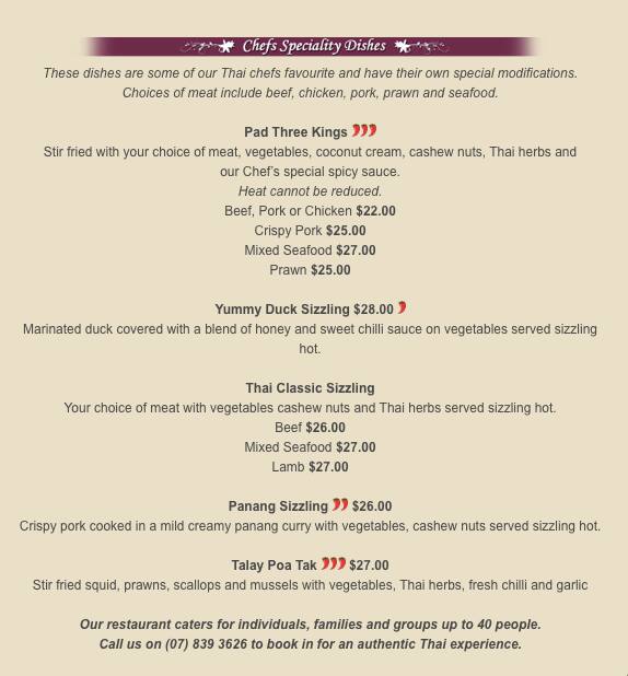 Menu at Thai Classic restaurant, Hamilton