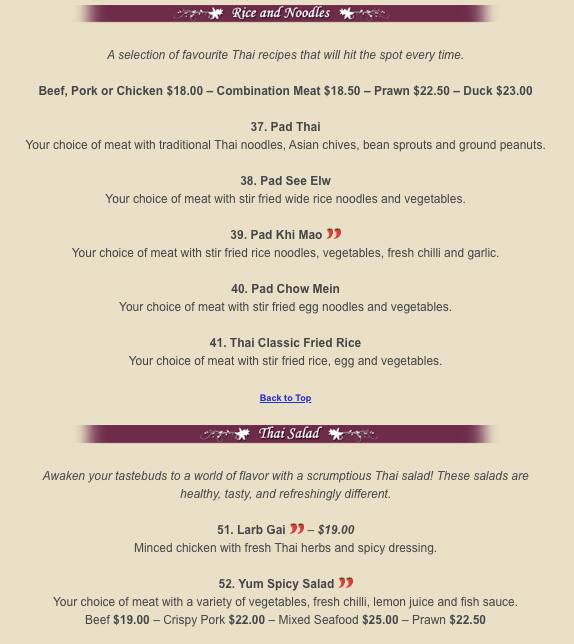 Menu at Thai Classic restaurant, Hamilton