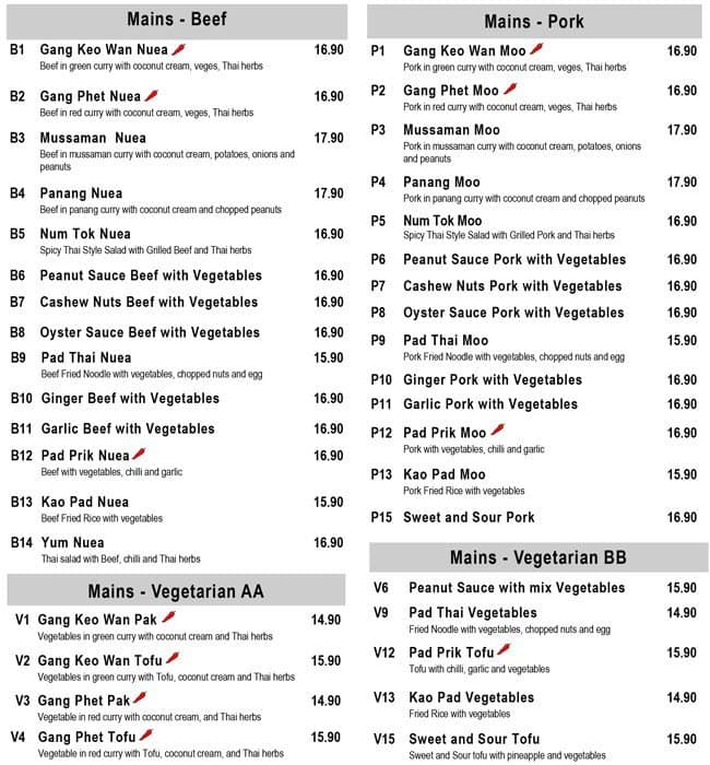 Menu at Phuket Thai Restaurant, Christchurch