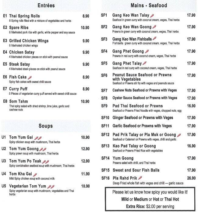 Menu at Phuket Thai Restaurant, Christchurch