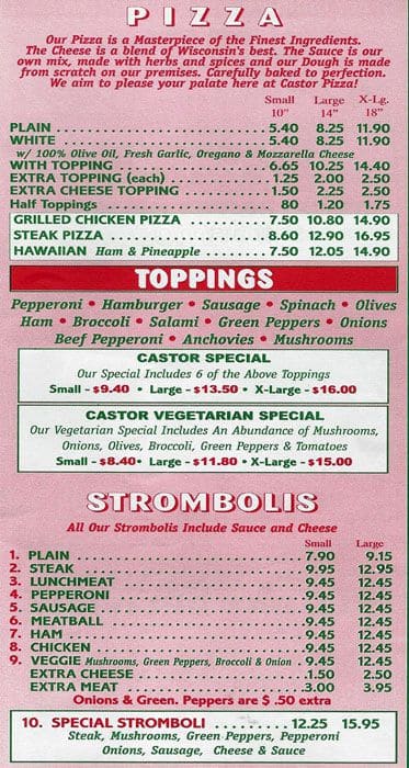 Menu at Castor Pizza pizzeria, Philadelphia