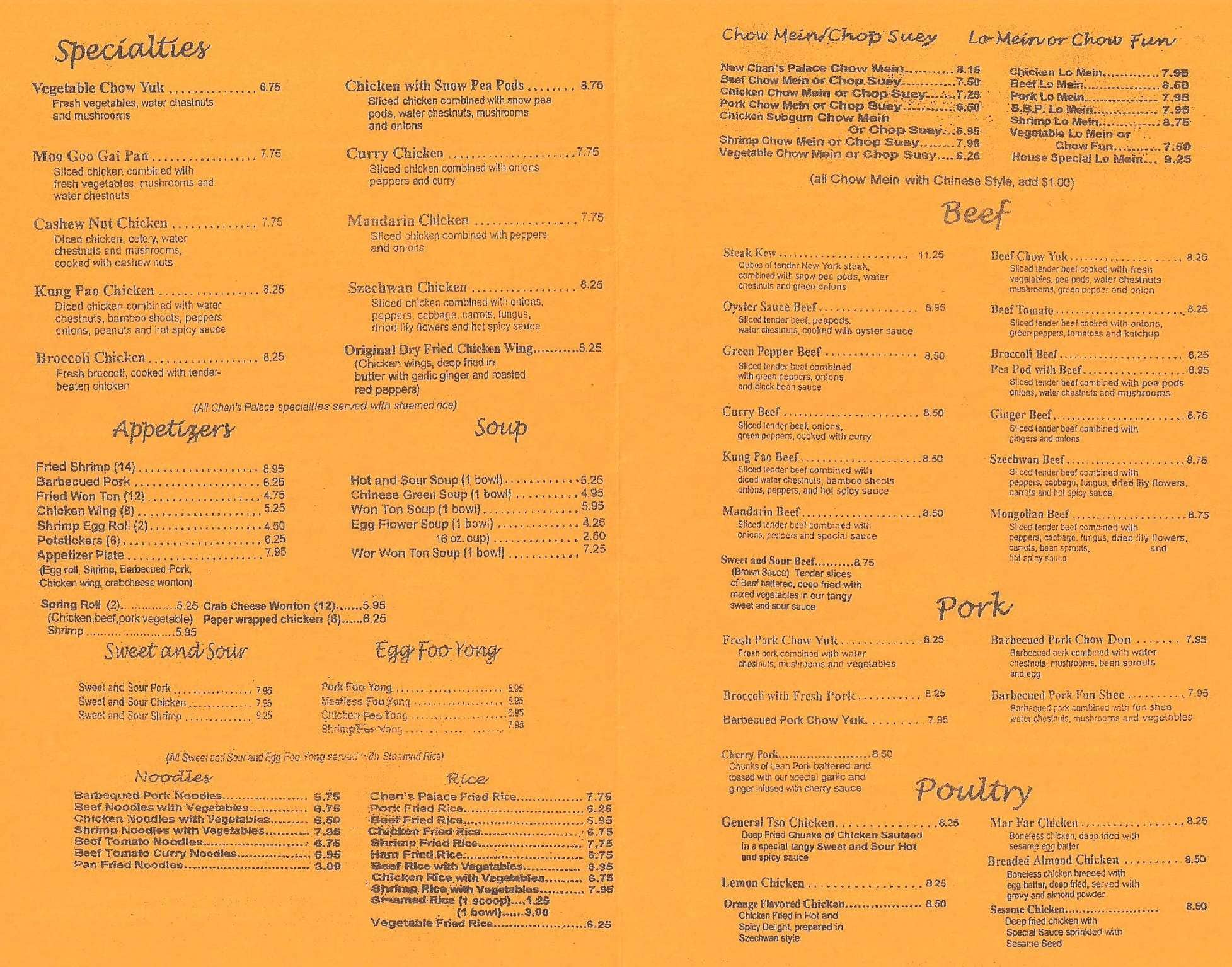 Menu at New Chan's Palace restaurant, Eagle Point