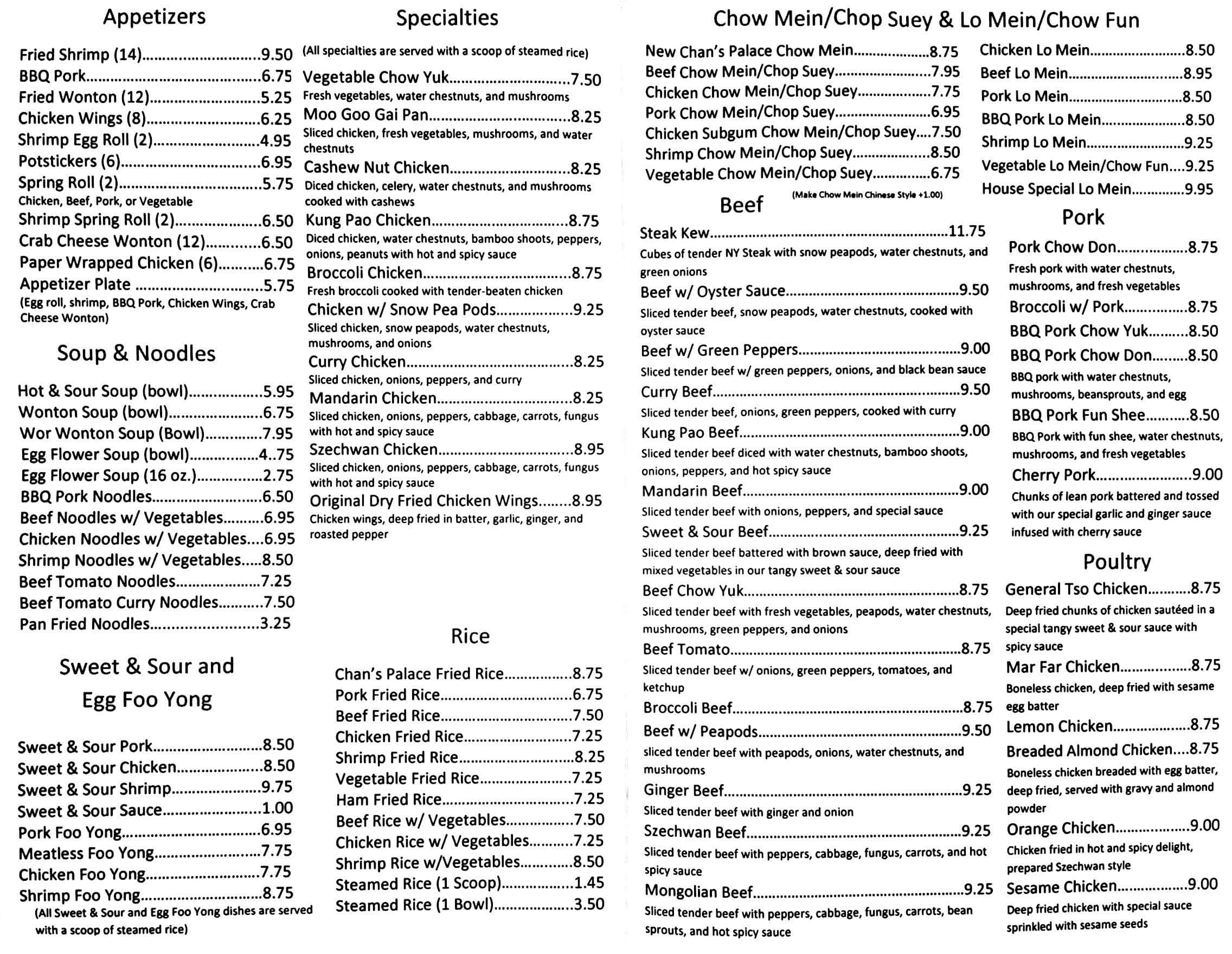 Menu at New Chan's Palace restaurant, Eagle Point