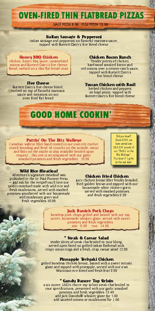 Menu at Adventures Restaurant & Pub Siren, Siren