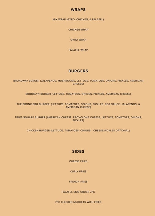 Menu at New York Eats restaurant, Arlington