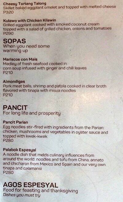 Menu at Agos restaurant, Pasay