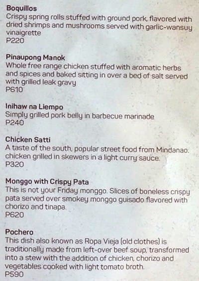 Menu at Agos restaurant, Pasay