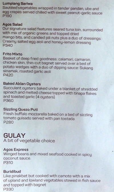 Menu at Agos restaurant, Pasay
