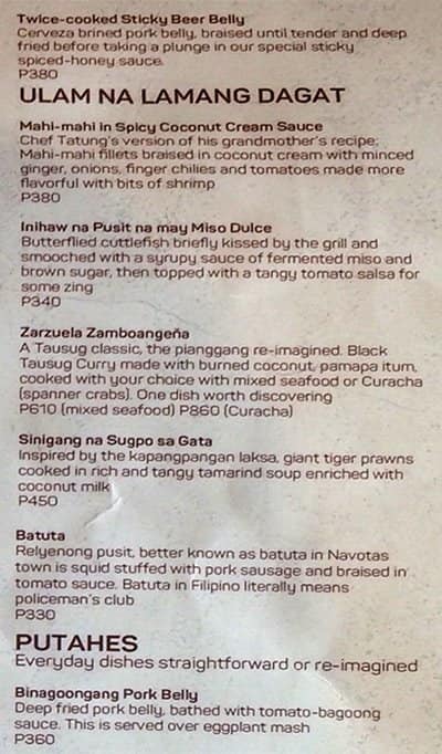 Menu at Agos restaurant, Pasay
