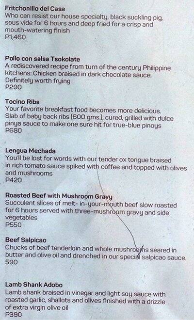 Menu at Agos restaurant, Pasay