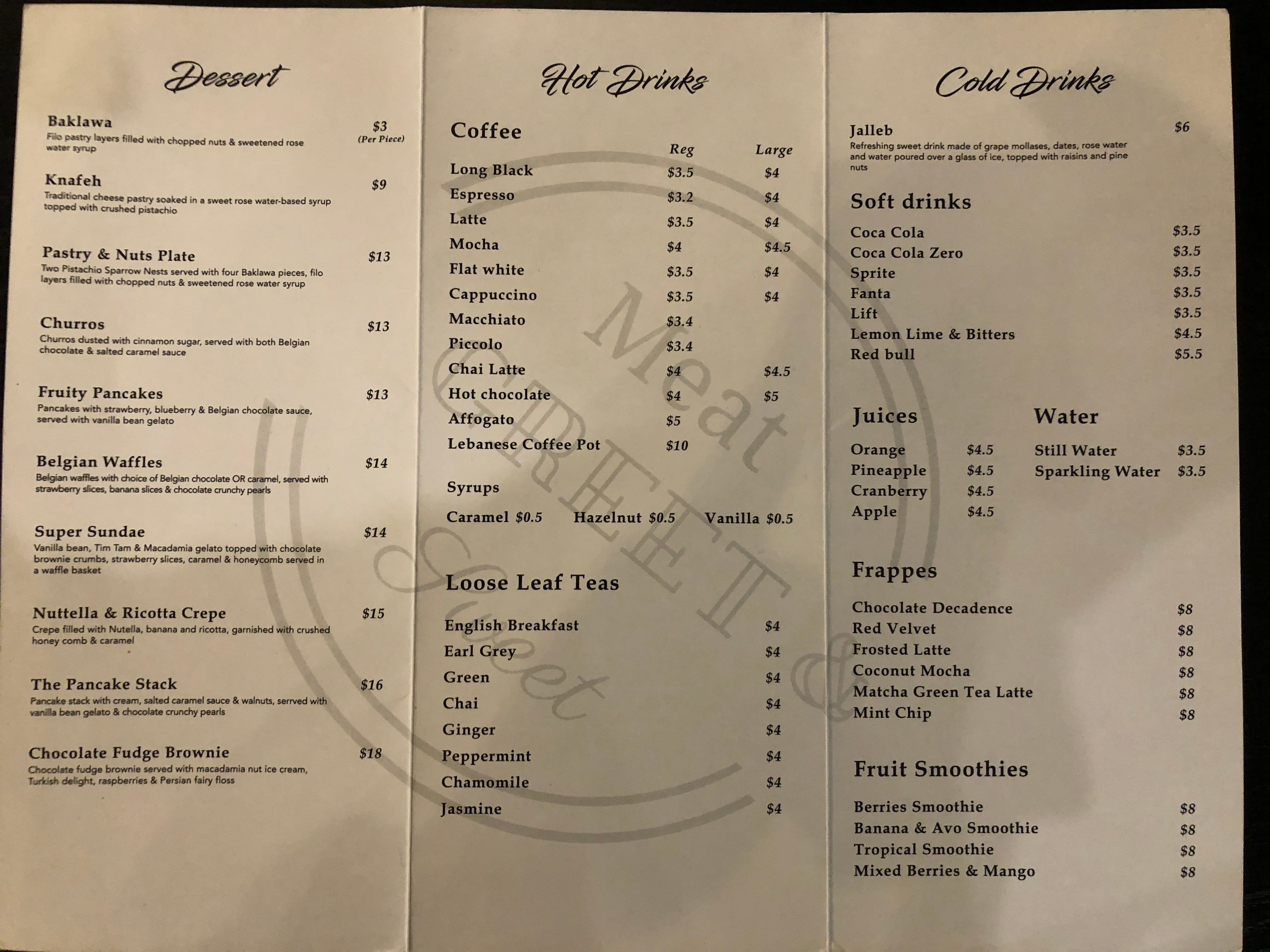 Menu at Meat, Greet & Sweet restaurant, Wolli Creek