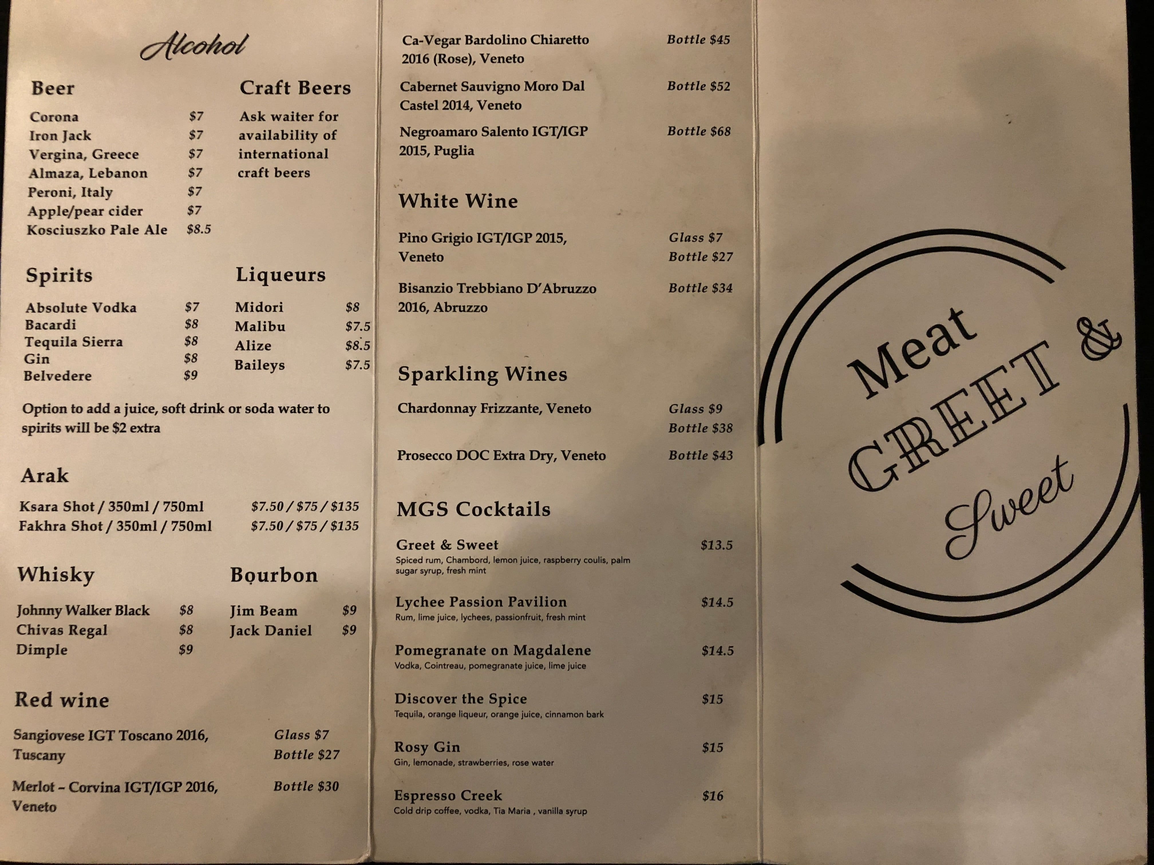 Menu at Meat, Greet & Sweet restaurant, Wolli Creek