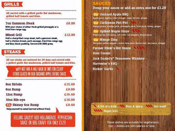 Menu at The Windmill Harvester steakhouse, Bushey, 107 High Rd